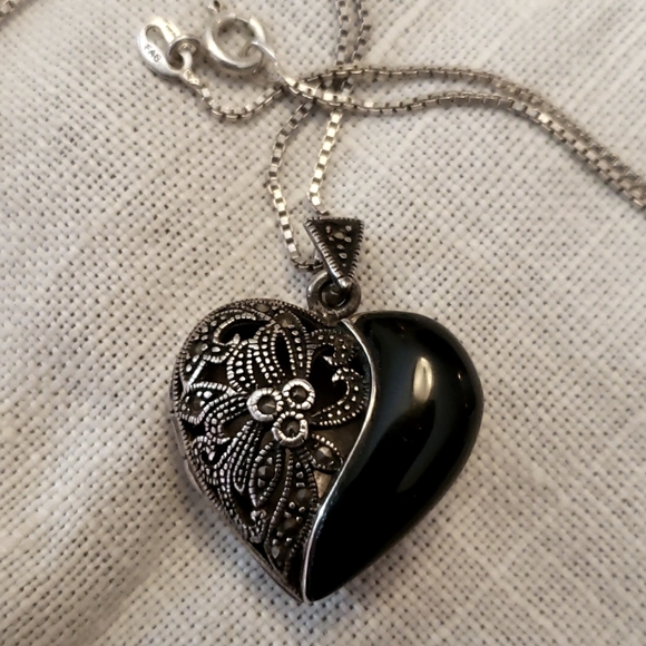 Jewelry | Sterling Onyx Marcasite Heart Locket Necklace | Poshmark